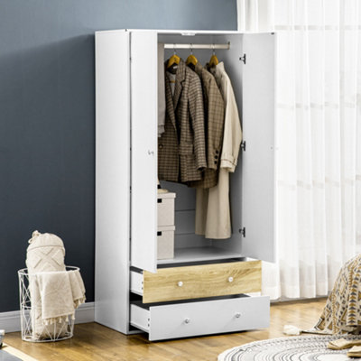 HOMCOM 2 Door Wardrobe White Wardrobe with Drawers and Hanging Rod for ...