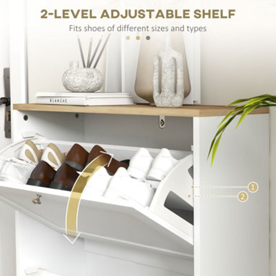 HOMCOM 2 FLIP DRAWER NARROW SHOE CABINET WITH ADJUSTABLE SHELVES, WHITE