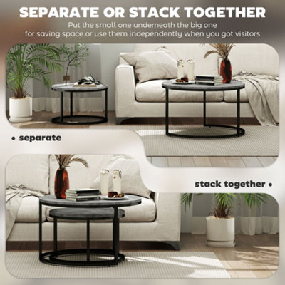 HOMCOM 2 Pcs Stacking Coffee Table Set Steel Frame Cement-Effect Top Foot Pads
