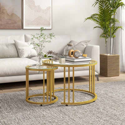HOMCOM 2 Pieces Round Nesting Coffee Tables with Tempered Glass Top ...