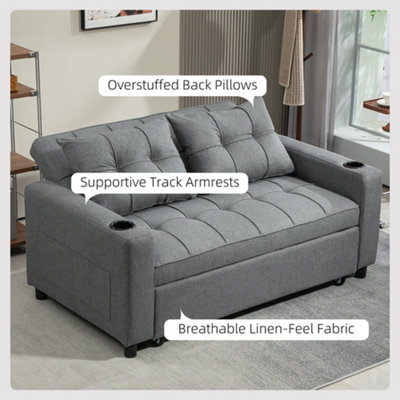 HOMCOM 2 Seater Pull Out Sofa Bed with Pockets for Living Room Charcoal Grey