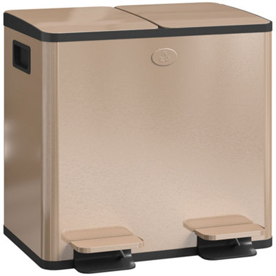 HOMCOM 2 x 15L Dual Kitchen Bin Pedal Bin for Recycling and Waste, Gold ...