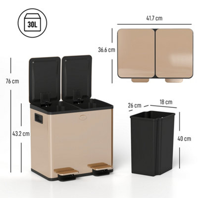 HOMCOM 2 x 15L Dual Kitchen Bin Pedal Bin for Recycling and Waste, Gold ...