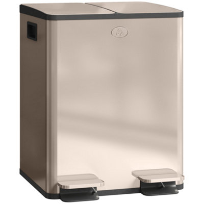HOMCOM 2 x 20L Dual Kitchen Bin Pedal Bin for Recycling and Waste, Gold ...
