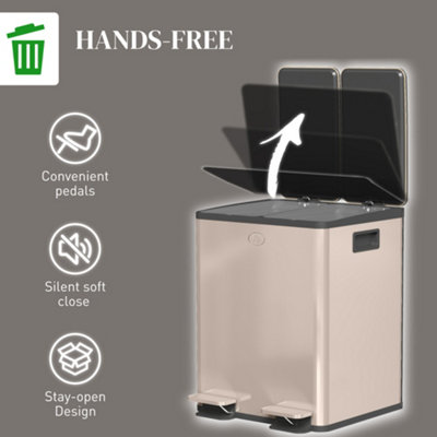 HOMCOM 2 x 20L Dual Kitchen Bin Pedal Bin for Recycling and Waste, Gold ...