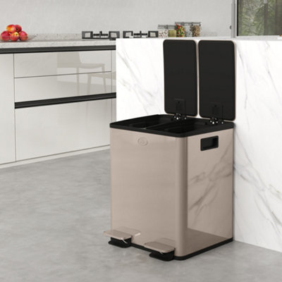 HOMCOM 2 x 20L Dual Kitchen Bin Pedal Bin for Recycling and Waste, Gold ...