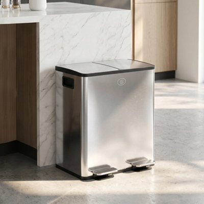 HOMCOM 2 x 20L Dual Kitchen Bin Pedal Bin for Recycling and Waste, Silver