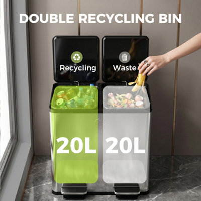 HOMCOM 2 x 20L Dual Kitchen Bin Pedal Bin for Recycling and Waste, Silver