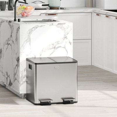 HOMCOM 2x15L Dual Kitchen Bin Pedal Bin for Recycling and Waste, Silver ...