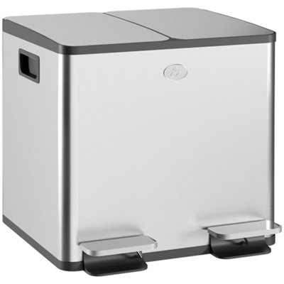 HOMCOM 2x15L Dual Kitchen Bin Pedal Bin for Recycling and Waste, Silver ...
