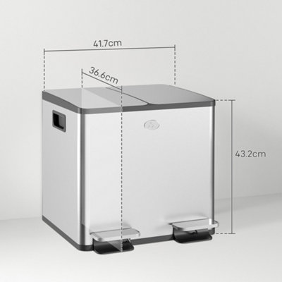 HOMCOM 2x15L Dual Kitchen Bin Pedal Bin for Recycling and Waste, Silver ...