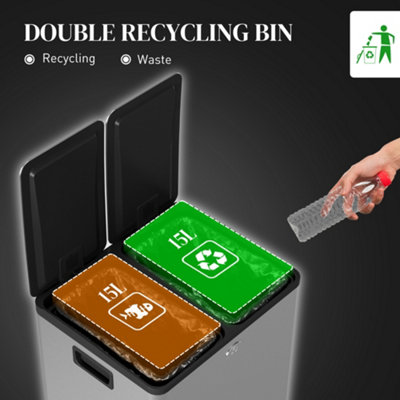 HOMCOM 2x15L Dual Kitchen Bin Pedal Bin for Recycling and Waste, Silver ...