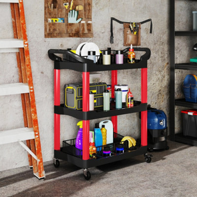 HOMCOM 3-TIER ROLLING TOOL CART, TOOL TROLLEY ON WHEELS FOR GARAGE, BLACK
