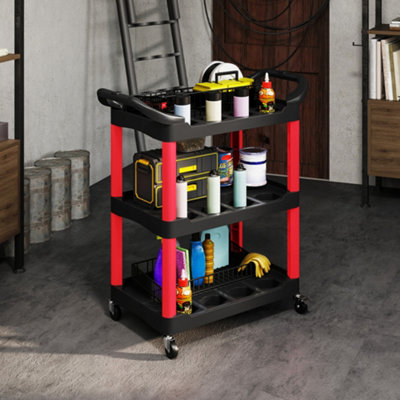 HOMCOM 3-TIER ROLLING TOOL CART, TOOL TROLLEY ON WHEELS FOR GARAGE, BLACK