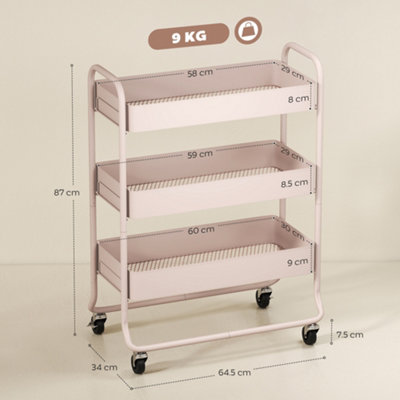 HOMCOM 3-Tier Storage Trolley, Storage Cart with Mesh Backets, Wheels