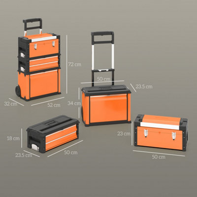 HOMCOM 3-Tier Tool Box with Wheels, Stackable Steel Toolbox, Orange