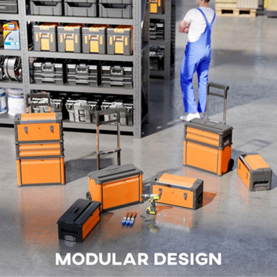 HOMCOM 3-Tier Tool Box with Wheels, Stackable Steel Toolbox, Orange