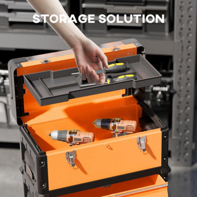 HOMCOM 3-Tier Tool Box with Wheels, Stackable Steel Toolbox, Orange