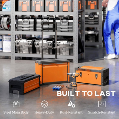 HOMCOM 3-TIER TOOL BOX WITH WHEELS, STACKABLE STEEL TOOLBOX, ORANGE