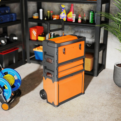 HOMCOM 3-TIER TOOL BOX WITH WHEELS, STACKABLE STEEL TOOLBOX, ORANGE