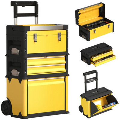 HOMCOM 3-Tier Tool Box with Wheels, Stackable Steel Toolbox, Yellow
