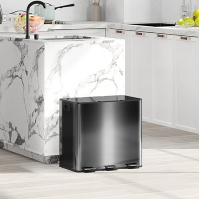 HOMCOM 3 x 15L Triple Kitchen Bin Pedal Bin for Recycling and Waste, Black