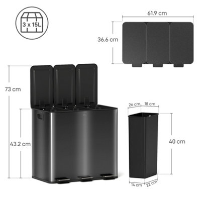 HOMCOM 3 x 15L Triple Kitchen Bin Pedal Bin for Recycling and Waste, Black
