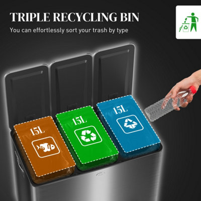 HOMCOM 3 x 15L Triple Kitchen Bin Pedal Bin for Recycling and Waste, Black