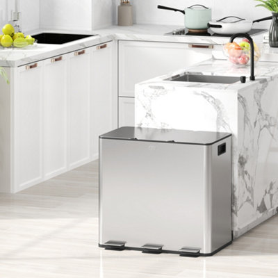 HOMCOM 3 x 15L Triple Kitchen Bin Pedal Bin for Recycling and Waste ...