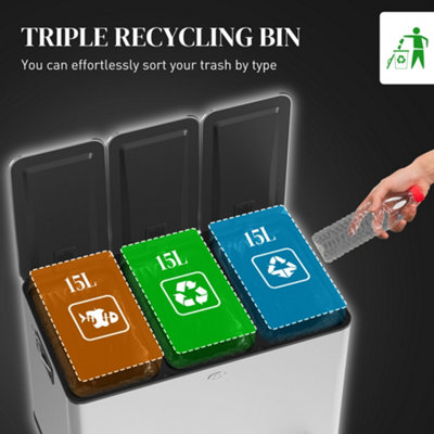 HOMCOM 3 x 15L Triple Kitchen Bin Pedal Bin for Recycling and Waste ...