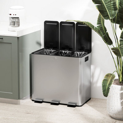 HOMCOM 3 x 15L Triple Kitchen Bin Pedal Bin for Recycling and Waste ...