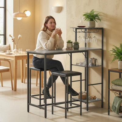 HOMCOM 3Pcs Breakfast Bar Table and Stools Set 4-tier shelving, Washed Grey