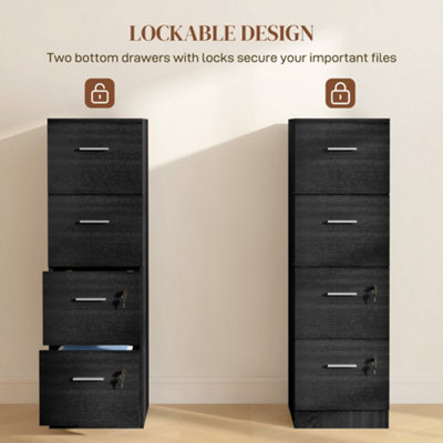 HOMCOM 4 Drawer File Cabinet Locking Filing Cabinet, Black Wood Effect