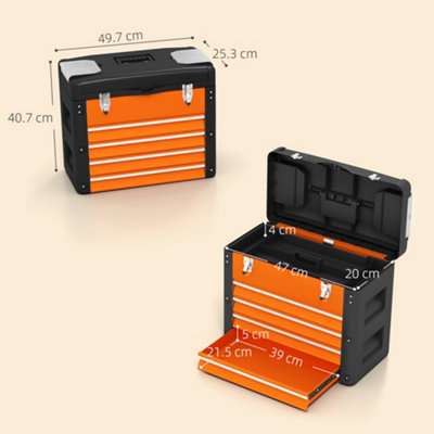 HOMCOM 4 Drawers Large Tool Box, Steel Toolbox with Handle, Orange