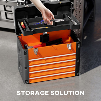 HOMCOM 4 Drawers Large Tool Box, Steel Toolbox with Handle, Orange