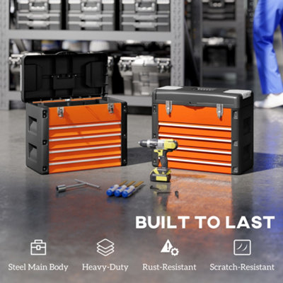 HOMCOM 4 Drawers Large Tool Box, Steel Toolbox with Handle, Orange
