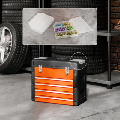 HOMCOM 4 Drawers Large Tool Box, Steel Toolbox with Handle, Orange