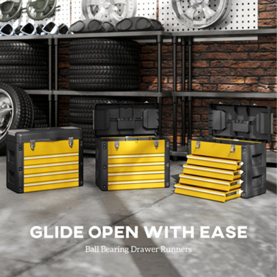 HOMCOM 4 Drawers Large Tool Box, Steel Toolbox with Handle, Yellow