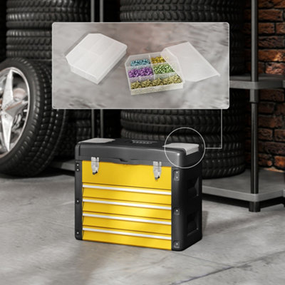 HOMCOM 4 Drawers Large Tool Box, Steel Toolbox with Handle, Yellow