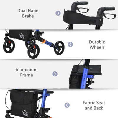 HOMCOM 4 Wheel Rollator Walker, Adjustable Mobility Walker with Bag, Blue