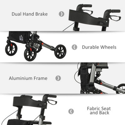 HOMCOM 4 Wheel Rollator Walker, Adjustable Mobility Walker with Bag, Silver