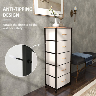 HOMCOM 5 Drawer Fabric Chest of Drawers w/ Wooden Top for Hallway Cream