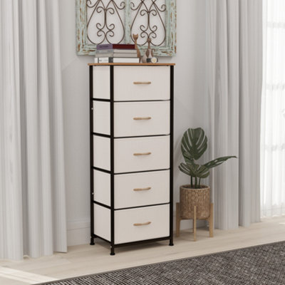 HOMCOM 5 Drawer Fabric Chest of Drawers w/ Wooden Top for Hallway Cream