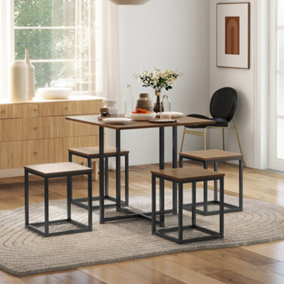 HOMCOM 5 PCS Industrial Boxy Table & Stool Set Metal Frame Cool Dining ...