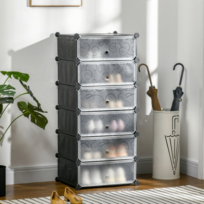 HOMCOM 6 Tier Shoe Rack Plastic Storage Cabinet Modular Shoe Tower Black