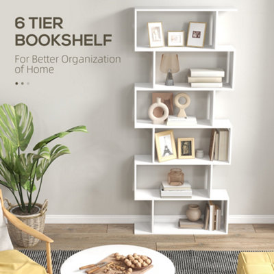 HOMCOM 6-Tier Wooden Modern S-Shaped Shelf Storage Unit Home Office White
