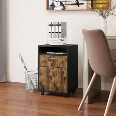 HOMCOM 60cm Filing Cabinet with Drawers and Open Shelf, Rustic Brown