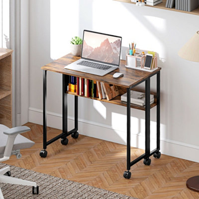 HOMCOM 80 cm Foldable Computer Desk on Wheels for Small Spaces Rustic Brown