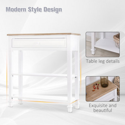 HOMCOM 80x75cm Console Table w/ Drawer 2 Shelves Worktop Handle Retro White