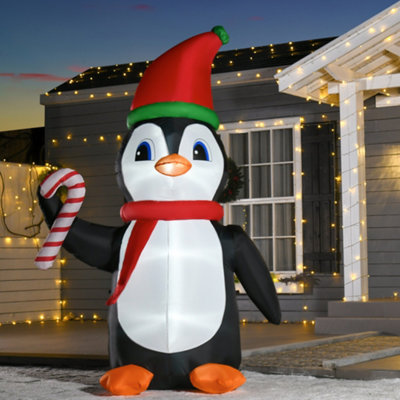 HOMCOM 8ft Lighted Inflatable Christmas Penguin w/ Candy Cane for Garden
